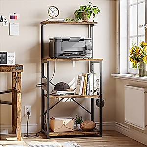 Bestier Bakers Rack with Power Outlet, 4-Tier Kitchen Microwave Stand, Coffee Bar with 6 S-Shaped Hooks, Rolling Storage Shelf Rack with Adjustable Shelf for Kitchen, Living Room - Rustic Brown