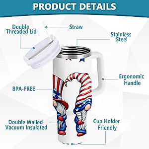 Festive Independence Gnomes Insulated Vacuum Tumbler with Handle and Straw for Water, Insulated Tumbler 30 OZ / 0.89 L