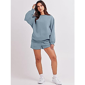 ANRABESS Women 2 Piece Lounge Set Fall Outfits Sweatsuit Fleece Oversized Crewneck Sweatshirt Loungewear Shorts 2023 Casual Cozy Pajamas Macthing Tracksuit Set 1047huilan-XL