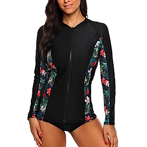 ATTRACO Womens Rash Guard Zip-Front Swimsuit Swim Shirt UV Sun Protection Floral