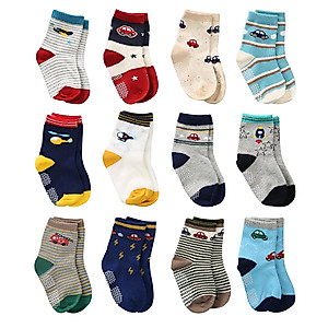 12 Pairs Toddler Boy Socks Grip Socks Baby Boy Cotton Socks Non Slip, Infant Newborn Socks Boy Anti Skid Socks for Kids Boys (12 Pairs Plane & Car, 3-5 Years)
