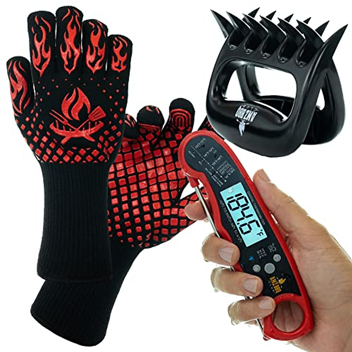 BBQ Gloves, Digital Meat Thermometer and BBQ Claws for Shredding Meat - Great Smoker Tools Accessory Set for Men, Fathers Day and Birthday