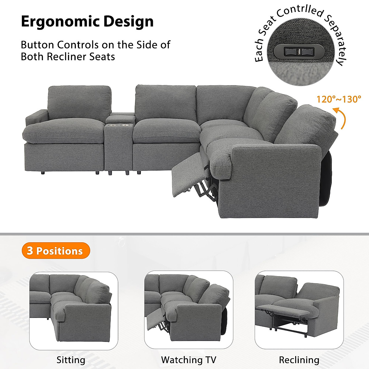 Bellemave Power Recliner Corner Sofa L-Shape Sectional Sofa Home Theater Reclining Sofa Modern 5-Seater Couch with Storage Box, Cup Holders, USB Ports and Power Socket for Living Room (Dark Grey)