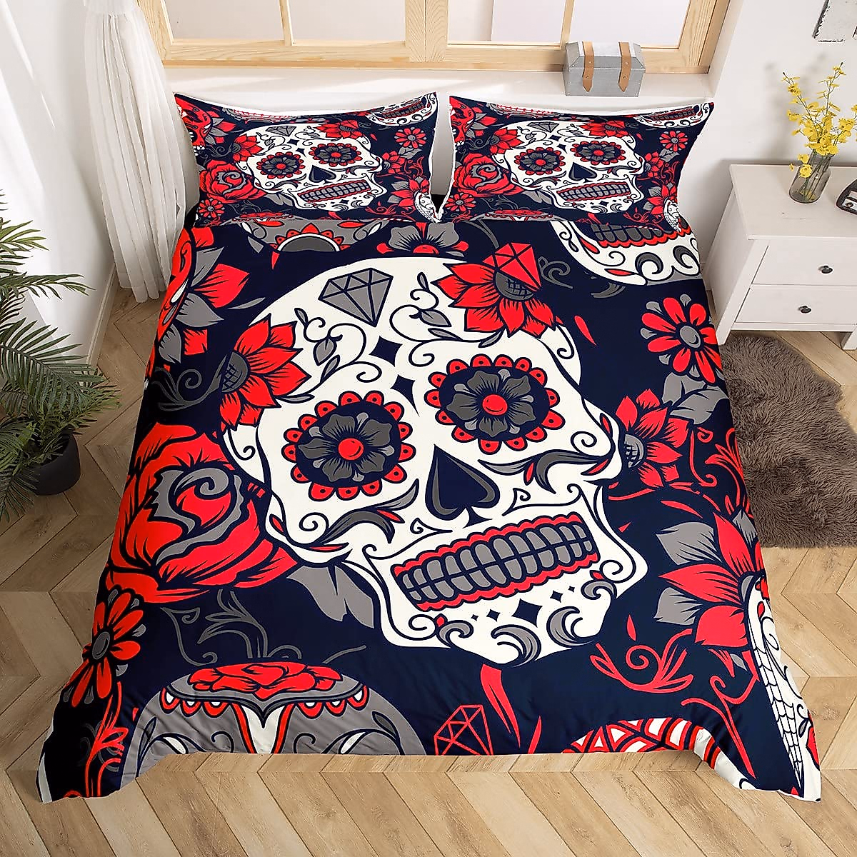 Gothic Skull Comforter Cover Set Queen Size, Death Skull Duvet Cover for Boys Girls Adults Sugar Skull Bedding Set Skeleton Decor Bedspread Cover Red Rose Floral Bedding,1 Duvet Cover 2 Pillow Shams