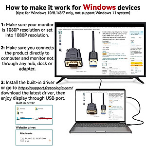 Herfair USB to VGA Adapter for Monitor 3FT USB 3.0 to 15Pin D-sub Converter Cable 1080P Video Display Cord Supported Mac OS/Windows 10/8/7 Systems Only (3.2FT, Require Driver Installed)