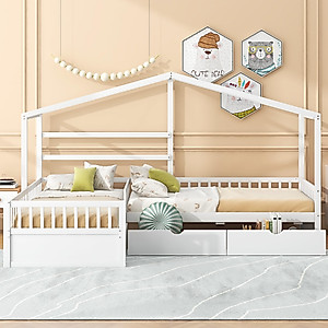 Lakifun L Shaped Bed Frame for Kids, Double Twin Corner House Bed with 3 Storage Drawers & Fence, Modern Solid Wood Platform Bed for Girls Boys Bedroom, Maximize Space (White)