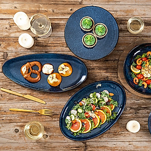 vicrays Large Oval Serving Platters, 16"/14"/10" Porcelain Serving Platters for Party, BBQ,Stackable Serving Trays Serving Plates for Appetizers, Sushi, Restaurant, Dessert, Set of 3 (Blue)