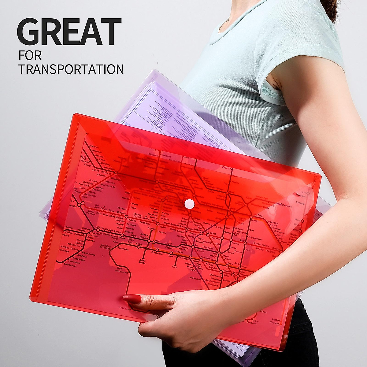 12 Pack Plastic Envelopes Poly Envelopes, LEOBRO A4 Clear File Bags Document Folders Document Organizers with Snap Button for Document Stationery Tools Organization, in 6 Assorted Colors