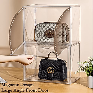 WMM 3 Packs Clear Handbag Storage Organizers for Closet, Plastic Acrylic Handbag Purse Shoes Toy Display Case, Stackable Magnetic Drop Front Storage Organizer