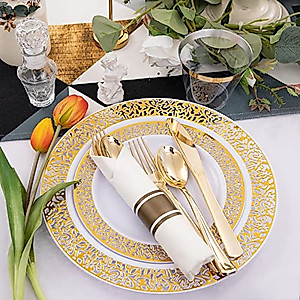 WELLIFE 350 Pieces Gold Plastic Dinnerware,Disposable Gold Lace Plates, Include:50 Dinner Plates,50 Dessert Plates, 50 Pre Rolled Napkins with Gold Silverware and 50 Cups