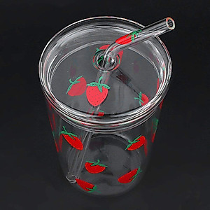 Ichiias Glass Cup Heat-Resisting Clear Strawberry Pattern Coffee Juice Drinking Water Mug with Straw Lid