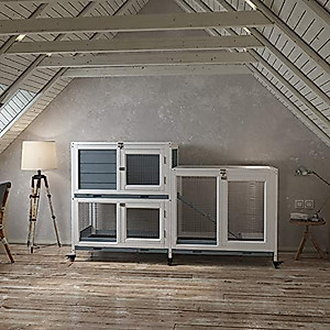 GDLF Two Floors 58" Wooden Indoor Bunny Hutch Rabbit Cage on Wheels Guinea Pig PET House for Small to Medium Animals Waterproof No Leak Tray