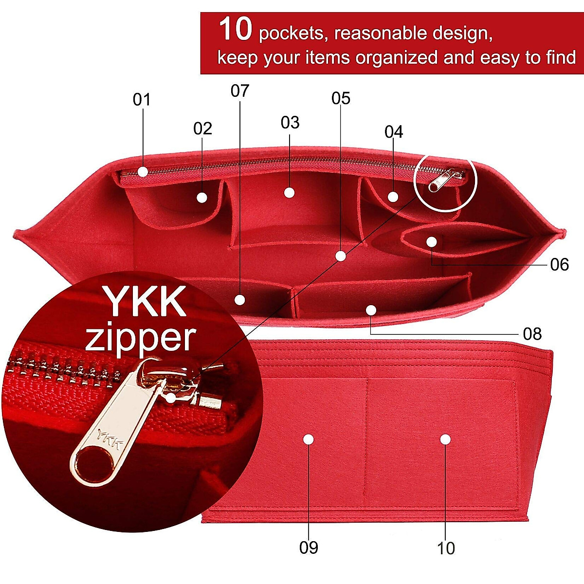 Doxo Purse Organizer Insert for Handbags & Base Shaper 2pc Set,Felt Organizer Insert Large Tote,Bag Organizer with Zipper 7 Sizes,Fit Speedy Neverfull MM/City33 and More(Red-L-Combination)