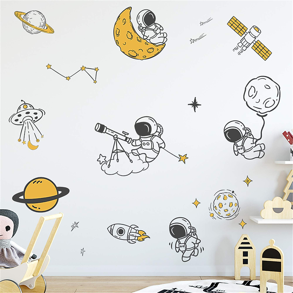 ROFARSO Wall Stickers Astronaut Planet Outer Space Stars DIY Vinyl Removable Large Wall Decals Art Decorations Decor for Kids Boys Bedroom Living Room Playing Room Murals