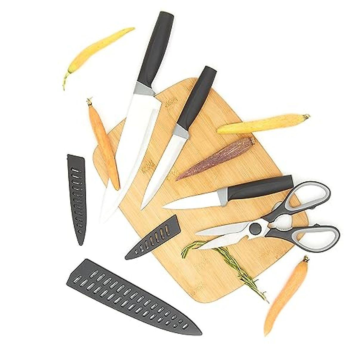Home Basics Stainless Steel Kitchen Knife Set with Multi-Functional Scissors and Protective Sheaths Precision Cutting and Versatile Kitchen Tools