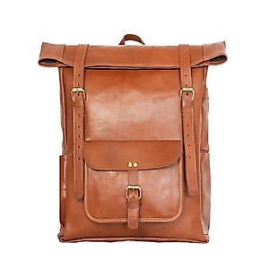 jaald 23" Brown Leather Backpack Vintage Rucksack Laptop Bag Water Resistant Roll Top College Bookbag Comfortable Lightweight Travel Hiking/picnic For Men