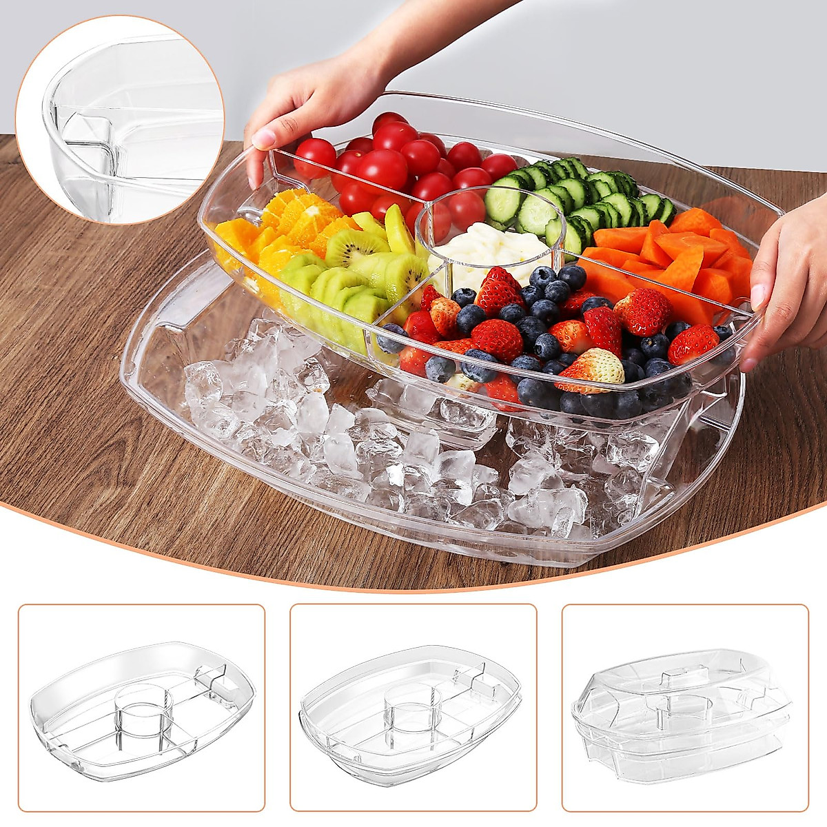 IVYHOME Fruit Trays for Serving for Party, Chilled Veggie Tray, Shrimp Cocktail Serving Dish, Appetizer Serving Platter for Parties, with Lid and 4 Compartments
