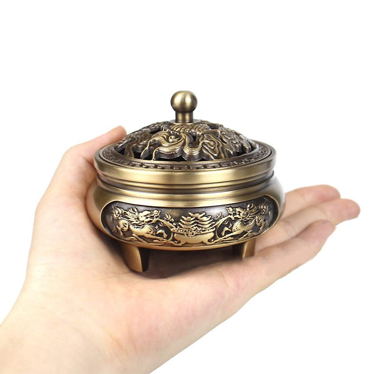 Wallfire Incense Burner Kirin Carved Pure Copper Sandalwood Three- Legged Stove Office Home Chinese Style Incense Burner with Lid