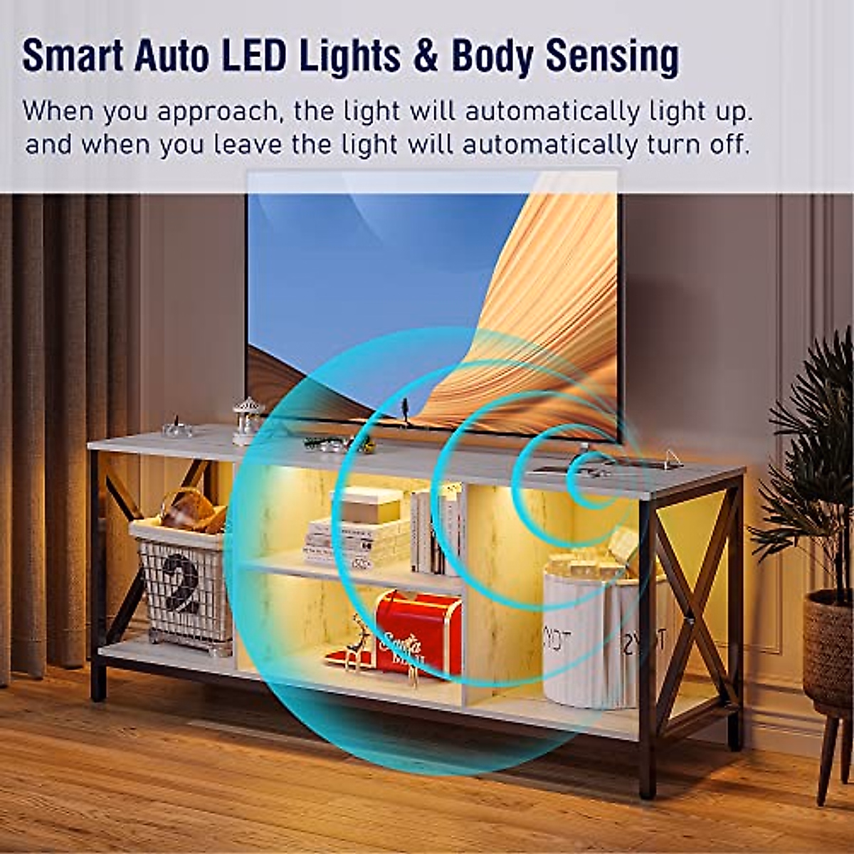 OUTDOOR DOIT TV Stands for Living Room, LED TV Console with Wireless/USB Charging Station，Television Stands with Body Sensing LED Light, TV Stand for Bedroom (White, 59 inch)