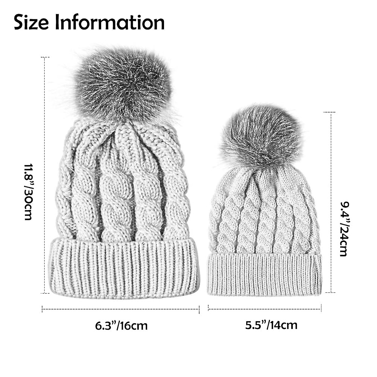 2PCS Parent-Child Hat,Mother & Daughter/Son Winter Warm Knit Hat Family Crochet Beanie Ski Cap(Ivory)
