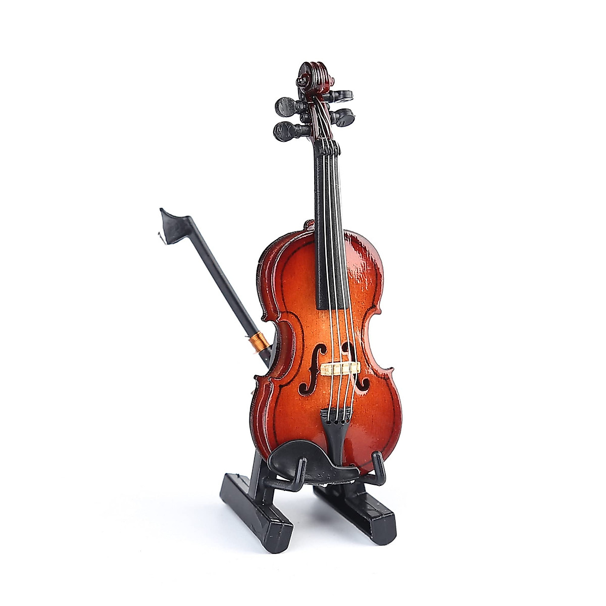Dselvgvu Wooden Miniature Violin with Stand, Bow and Case Mini Musical Instrument Violin Replica Collectible Figurines Dollhouse Accessories Model Home Decoration Display Ornament (3.15"x1.18"x0.59")
