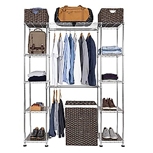 Seville Classics Closet Garment Organizer with Metal Hanging Rod Wardrobe Storage System w/Steel Shelves for Clothes, Shirts, Jackets, Coats, Blankets, Shoes, 58" to 83" W x 14" D x 72"