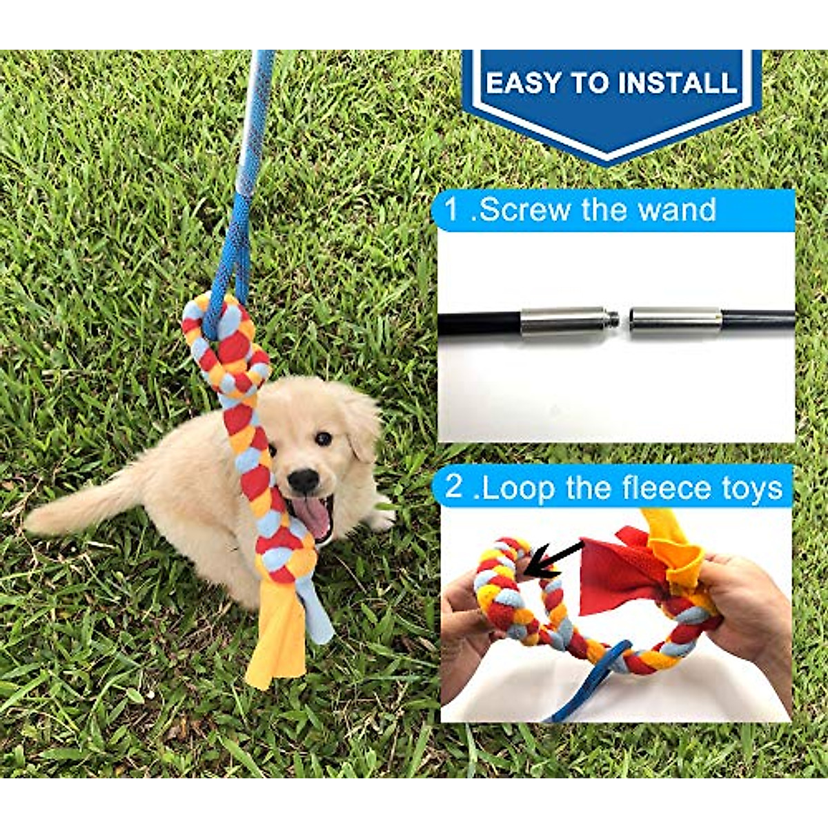 Interactive Flirt Pole Toy for Dogs Chase and Tug of War,Durable Teaser Wand with Pet Fleece Rope Tether Lure Toy to Outdoor Exercise & Training for Small Medium Large Dogs (Blue/Red, POLE-35 inches)