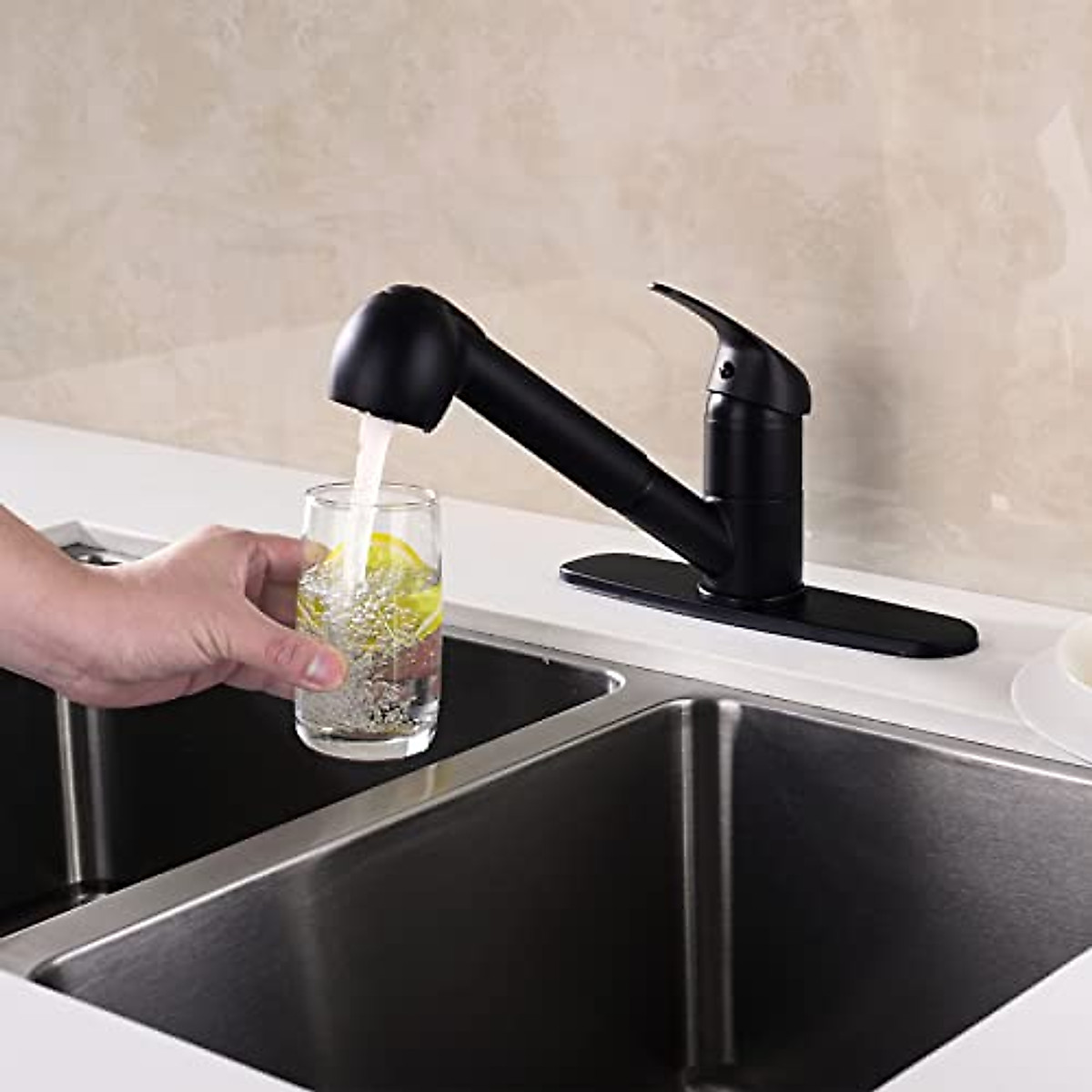 BZOOSIU Stainless Steel Pull Out Sprayer Kitchen Sink Faucet with Deck Plate, Single Lever Low Arch Rv Kitchen Faucet, 1-Hole or 3-Holes Installation Bar Faucets, Matt Black