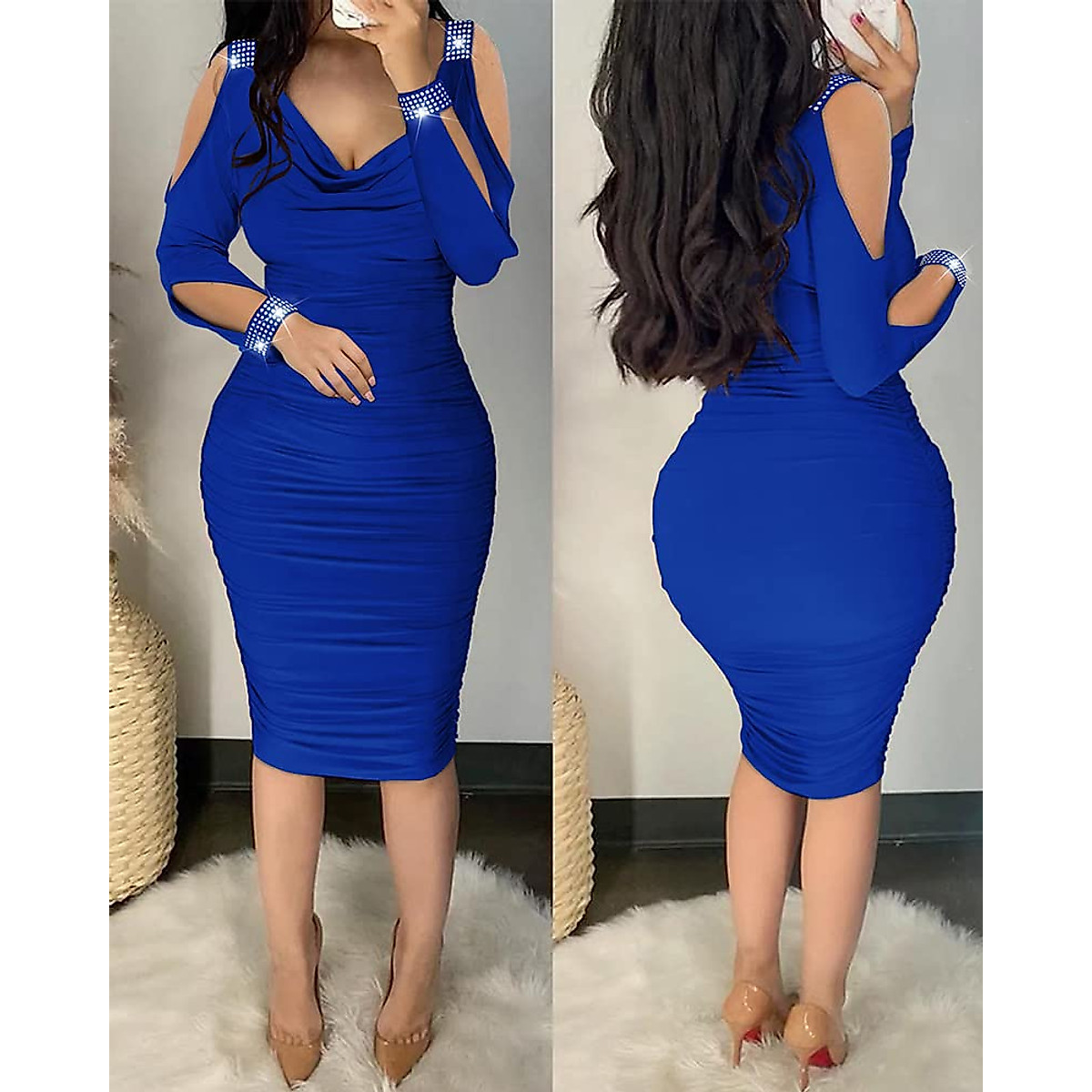IyMoo vestidos elegantes de mujer para fiesta - Women's Sexy Sequin Rhinestone Bodycon Club Night Birthday Party Dresses Sparkly Midi Date Night Dress Blue