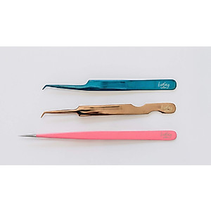 LivBay Lash - Blue Magic Mike Eyelash Stainless Steel Tweezer for Volume Lash Extensions | Curved Tip | False Lash Applicator Tool (Professional Use Only)