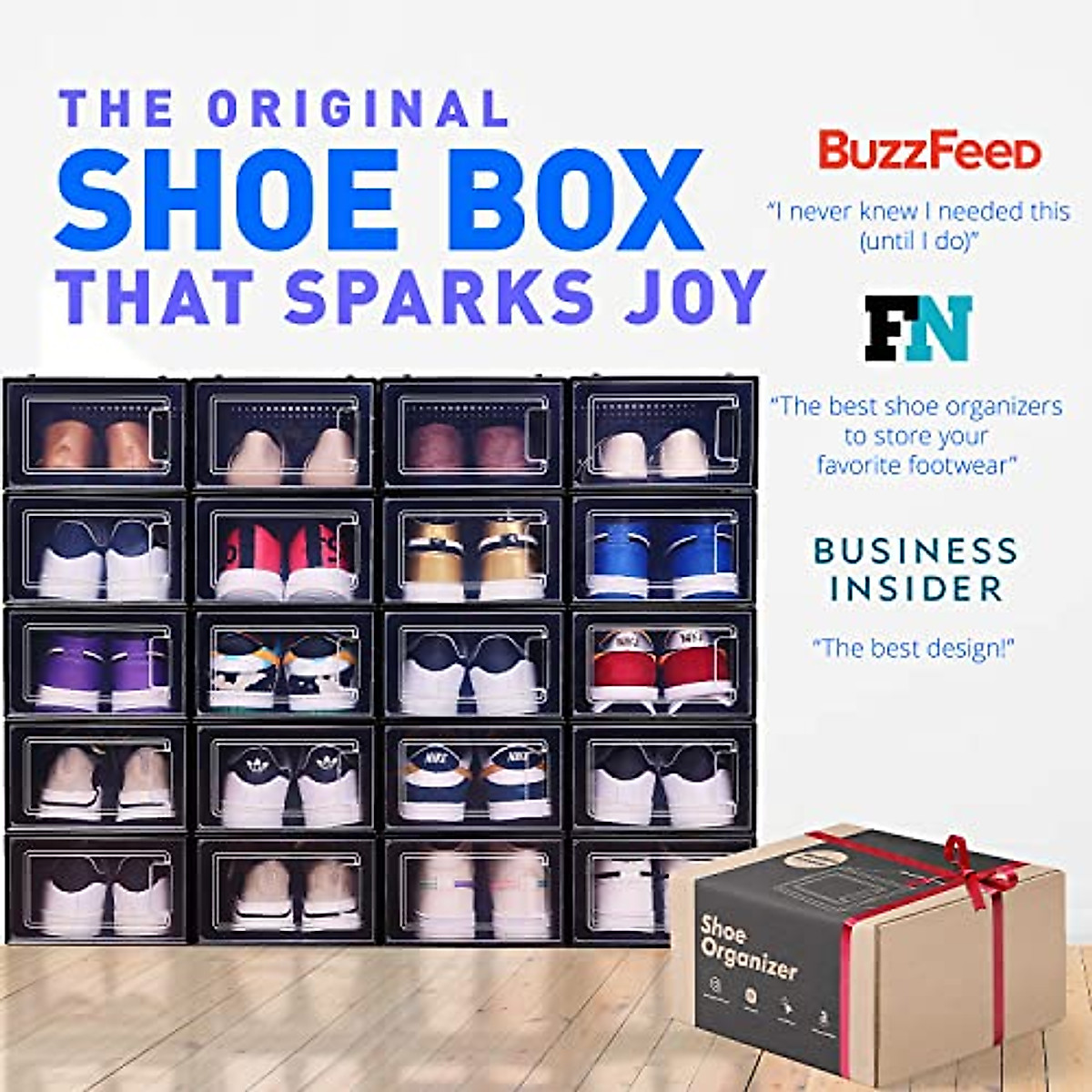 FINESSY Small Shoe Organizer Shoe Storage Box, Shoe Boxes Clear Plastic Stackable, Clear Shoe Boxes Stackable Black Shoe Organizer For Closet Shoe Containers Shoe Box Storage Containers (Dark Blue)