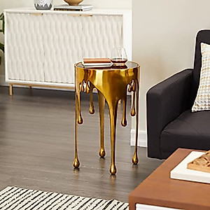 Deco 79 Aluminum Drip Accent Table with Melting Designed Legs and Shaded Glass Top, 16" x 16" x 25", Gold