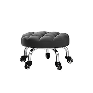 OBMMIRAO Pedicure Stool Low Roller Seat Wheel Stool,Swivel Stool Round Stool with Wheels, Black Low Chair with Wheels,PU Leather (Black StyleB)