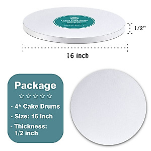 White Cake Drums Round 16 Inch Cake Boards with 1/2-Inch Thick Smooth Edges for Multi Tiered Birthday Wedding Party Cakes Drum Board