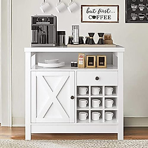 4ever2buy White Coffee Bar Cabinet with Storage, Kitchen Buffet Cabinet with Barn Door, Farmhouse Coffee Bar with Adjustable Shelf, Small Coffee Bar Table with Drawer Open Shelf, Dining Living Room