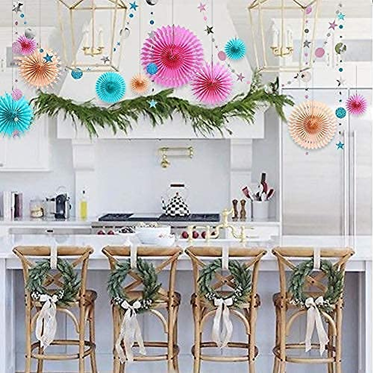 Pastel Blue Pink Peach Tissue Paper Fan Garland Decoration Set 3D Fan Glittering Circle Star Banner Backdrop for Easter Birthday Wedding Graduation Christmas Parties Home Shop Office School Nursery