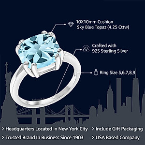 Gem Stone King 925 Sterling Silver Sky Blue Topaz Engagement Ring | Double Prong Ring for Women | 4.25 Cttw | Cushion Cut 10MM | Gemstone Birthstone | Available in size 5, 6, 7, 8, 9