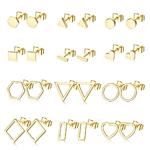JOERICA Gold Tone Geometric Minimalist Stud Earrings for Women Simple Rhombus Hexagon Triangle Bar Heart Circle Earrings Set
