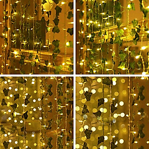 KASZOO 12 Pack Artificial Ivy Leaf Plants with 240 LED Window Curtain String Lights, Fake Plants Vine Hanging Garland, Hanging for Wall Party Wedding Room Home Kitchen Indoor & Outdoor Decoration
