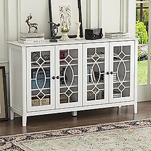 AGOTENI Buffet Cabinet with Glass Door, 53.9 Inch Credenza Sideboard Buffet for Living Room, Coffee Bar Cabinet with Adjustable Shelves for Living Room, Dining Room, Home Furniture (White