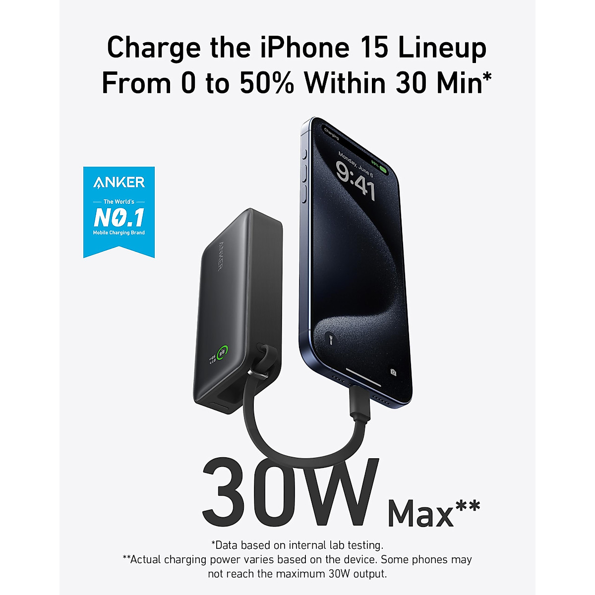 Anker Nano Power Bank, 10,000mAh Portable Charger with Built-in USB-C Cable, PD 30W Max Output with 1 USB-C, 1 USB-A, Compatible for iPhone 15/15 Plus/15 Pro/15 Pro Max, MacBook, Galaxy, iPad