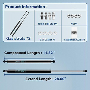 ARANA Gas Struts 28 inch 200 Pound with 10MM Ball Studs, 28" Gas Spring Shocks Lift Supports for Heavy Duty Lid Snowmobile Trailer Tonneau Cover Trap Door Custom Wooden Lid(Fit 180-220lbs Lid), 2Pcs