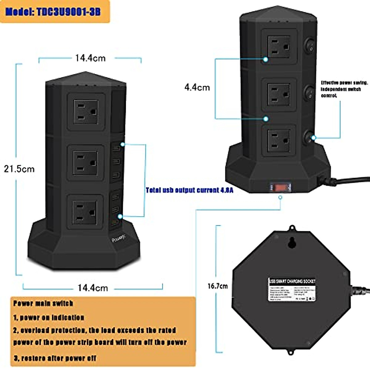 Powerjc Tower Power Strip Surge Protector Socket 12 AC Outlets Smart 6 USB Ports Chargers 10 Feet Long Extension Cord Indoor Black