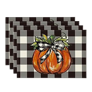 Artoid Mode Buffalo Plaid Pumpkin Fall Placemats Set of 4, 12x18 Inch Seasonal Autumn Table Mats for Party Kitchen Dining Decoration