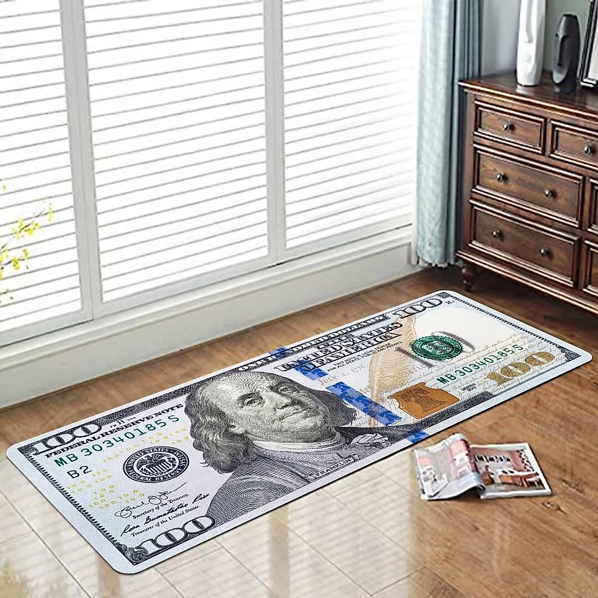 Hundred Dollar Bills Long Runner Rug for Hallway 100 Bill USA Throw Rug Money Area Rug Non-Slip Large Floor Carpet Mat for Bedroom Washable Kitchen Rugs Doormat Entrance Door Mats Living Room 2x6