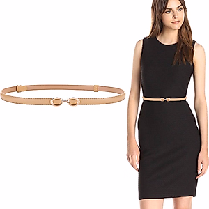 ALAIX Women's Leather Skinny Belt for Dress Adjustable Thin Waist Belt for Lady Waistband with Golden Buckle Apricot