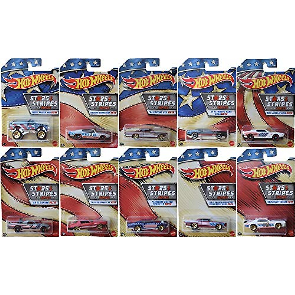 American Stars and Stripes Exclusive Series 10 Car Set Bundled with Camaro / Plymouth / Barracuda / Mercury Cougar / Chevy Blazer / El Camino 10 Items Red White & Blue
