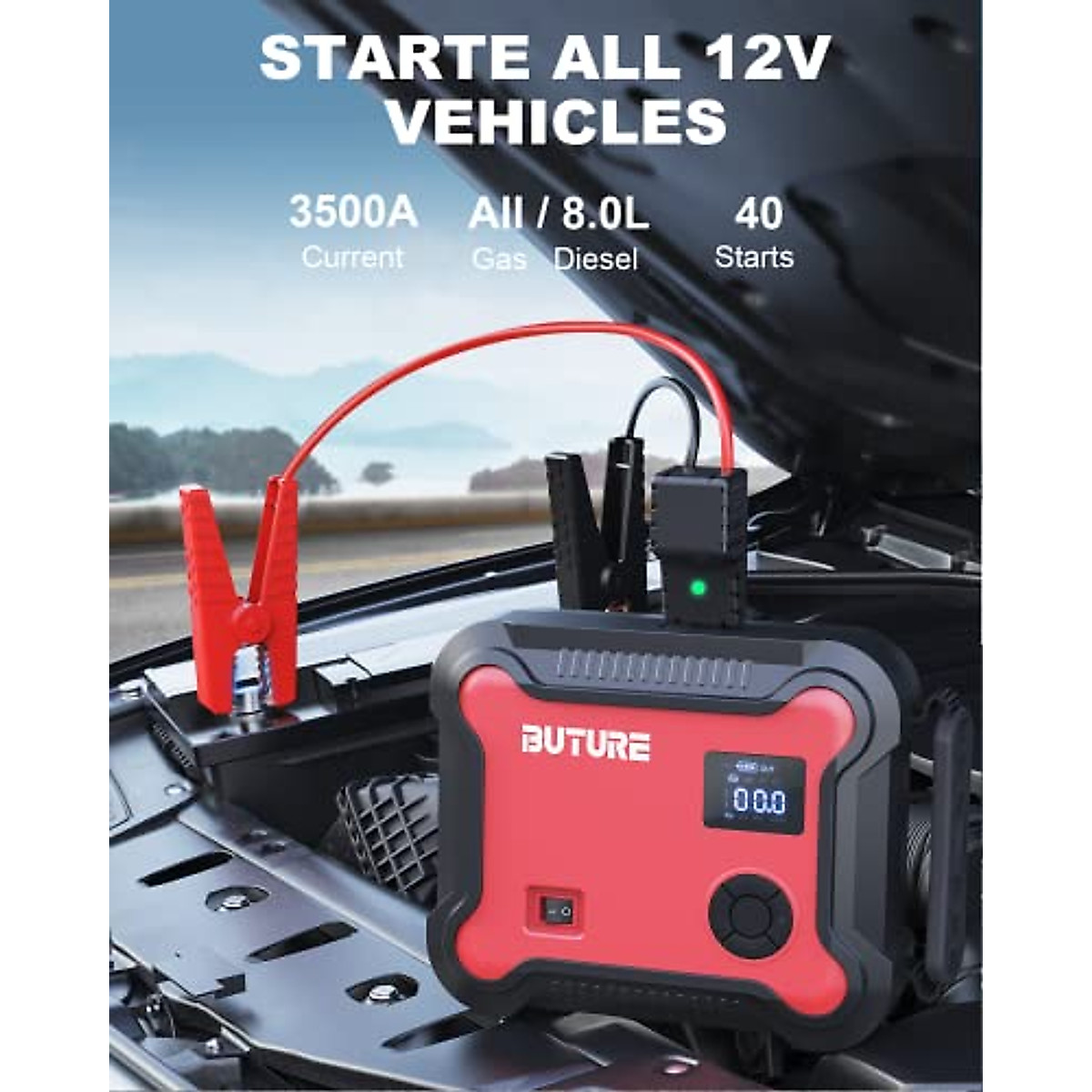 Portable Car Jump Starter with Air Compressor, BUTURE 150PSI 3500A 26800mAh Battery Booster Pack (All Gas/8.0L Diesel) Digital Tire Inflator, Fast Battery Charger 3.0 with 160W DC Out, Emergency Light