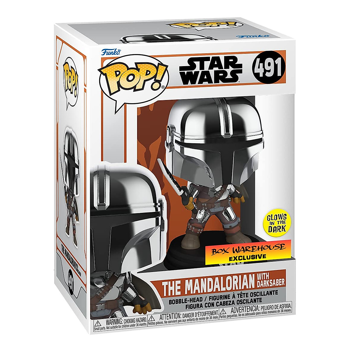 POP Funko Star Wars Mandalorian with Darksaber (Chrome & Glow in The Dark), Exclusive