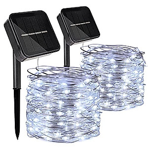 kemooie 2 Packs Solar String Lights, 100 LED 33FT 8 Twinkle Modes White Solar Powered Fairy Lights, Waterproof for Outdoor, Tree, Garden, Christmas Decorations (White)